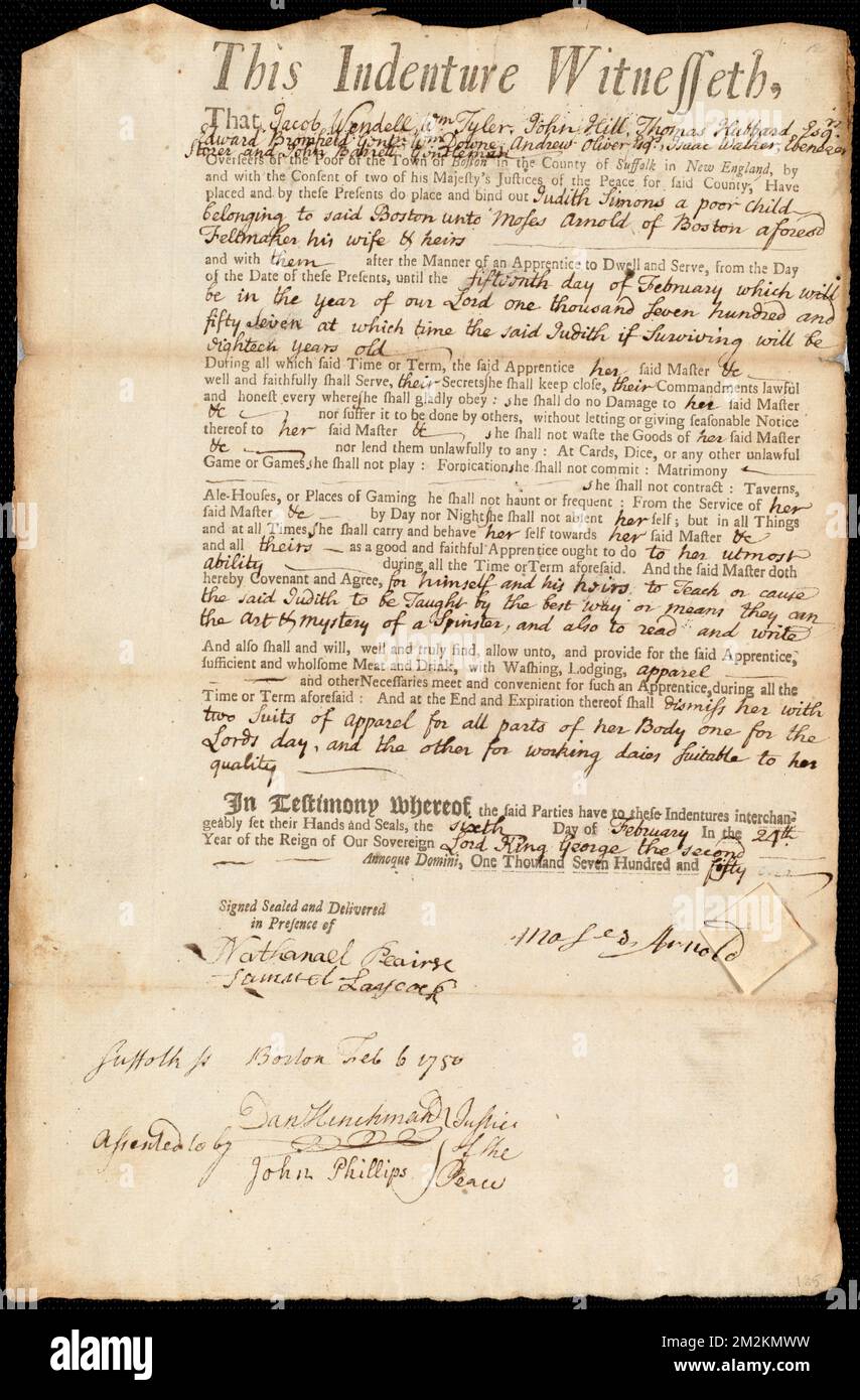 Document of indenture: Servant: Simons, Judith. Master: Arnold, Moses ...