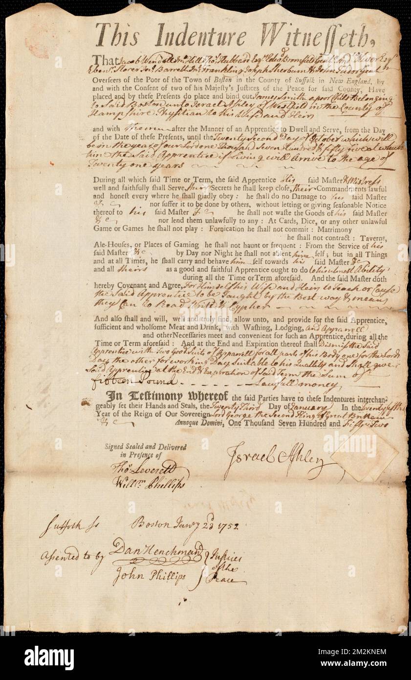 Document of indenture: Servant: Smith, James. Master: Ashley, Israel ...