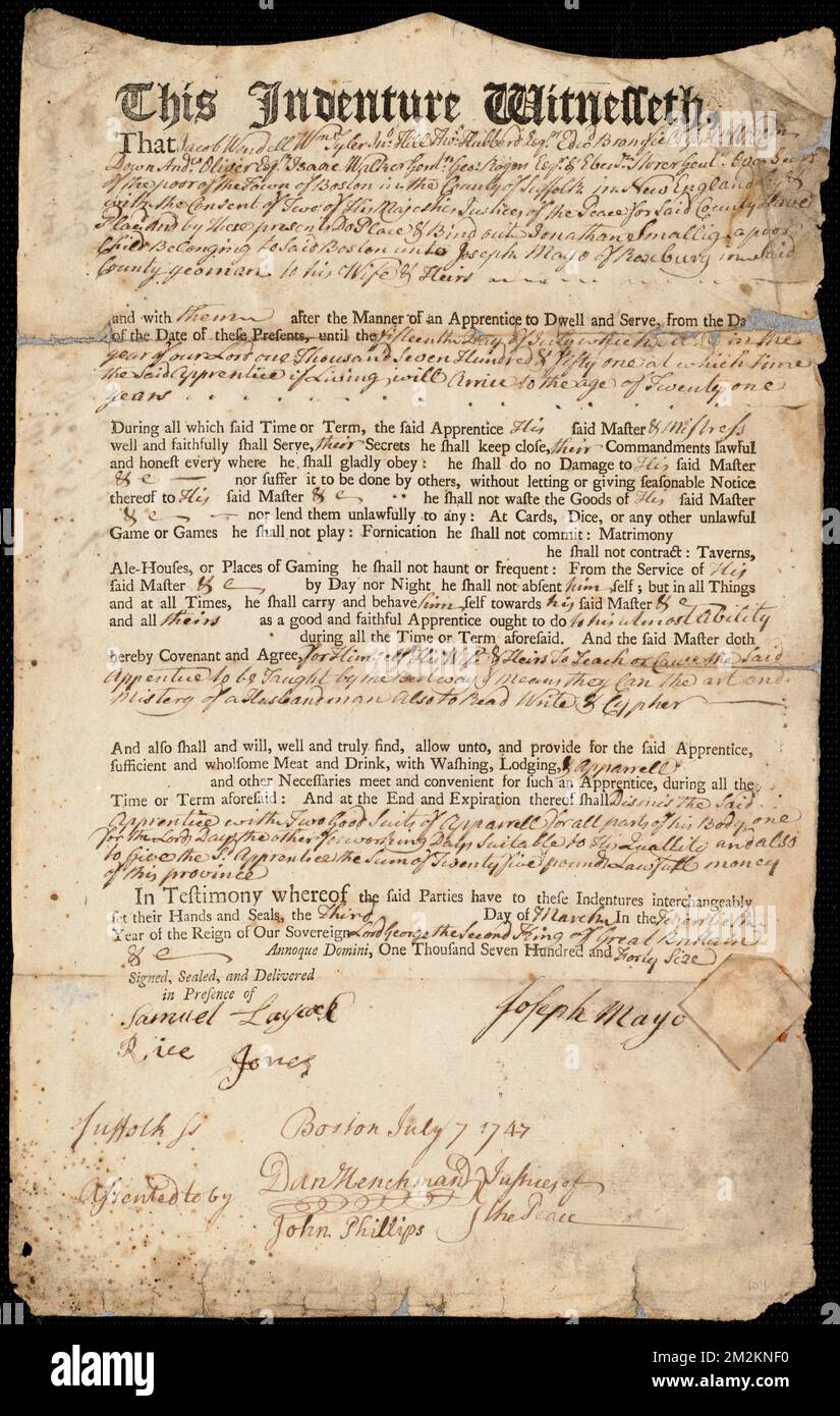 Document of indenture: Servant: Smallig, Jonathan. Master: Mayo, Joseph ...