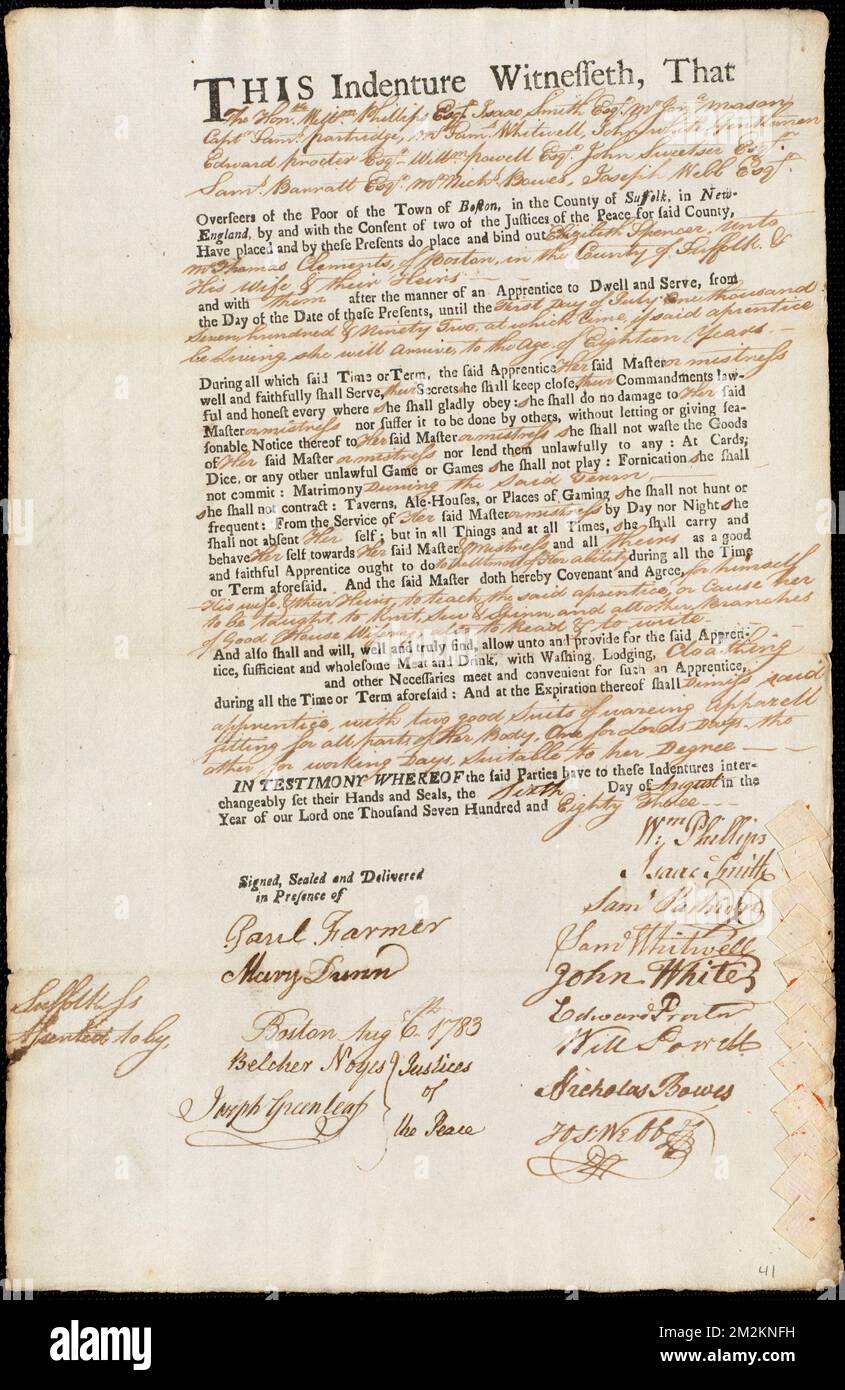 Document of indenture: Servant: Spencer, Elizabeth. Master: Clements ...