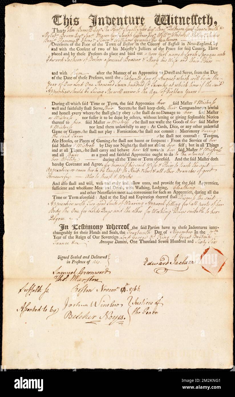 Document of indenture: Servant: Sprague, Sarah. Master: Jackson, Edward ...