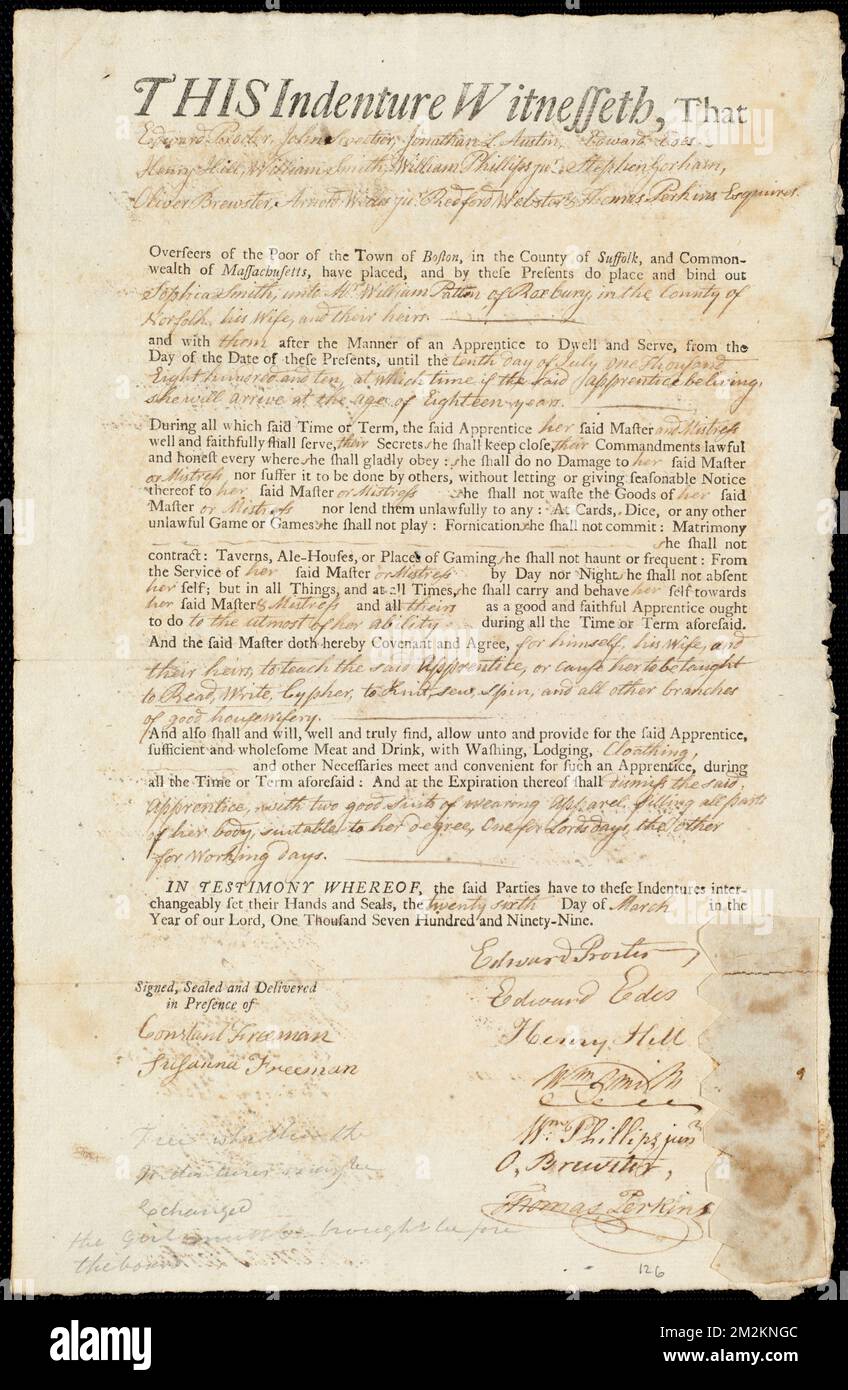 Document of indenture: Servant: Smith, Sophia. Master: Patton, William ...