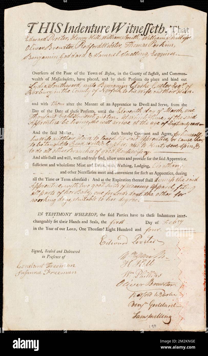 Document of indenture: Servant: Southward, Lydia. Master: Cutler ...
