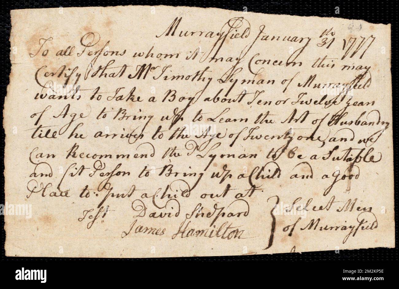 Document of indenture: Servant: Stuart, James. Master: Lyman, Timothy ...