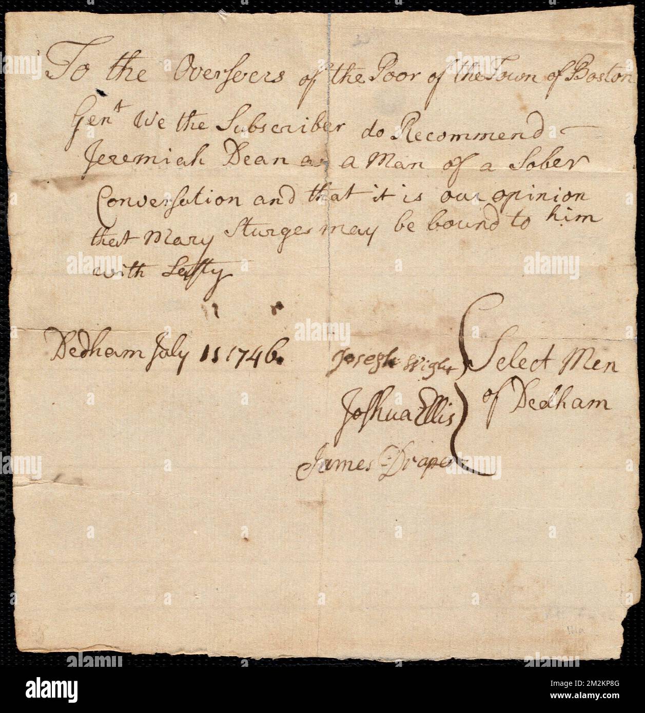 Document of indenture: Servant: Sturges, Mary. Master: Dean, Jeremiah ...