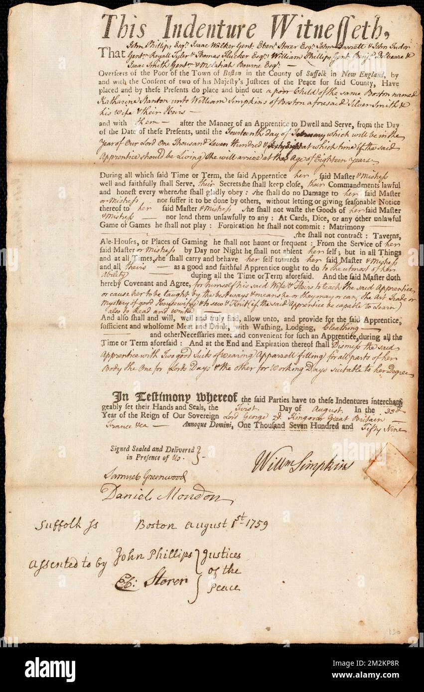 Document of indenture: Servant: Stanton, Katharine. Master: Simpkins ...