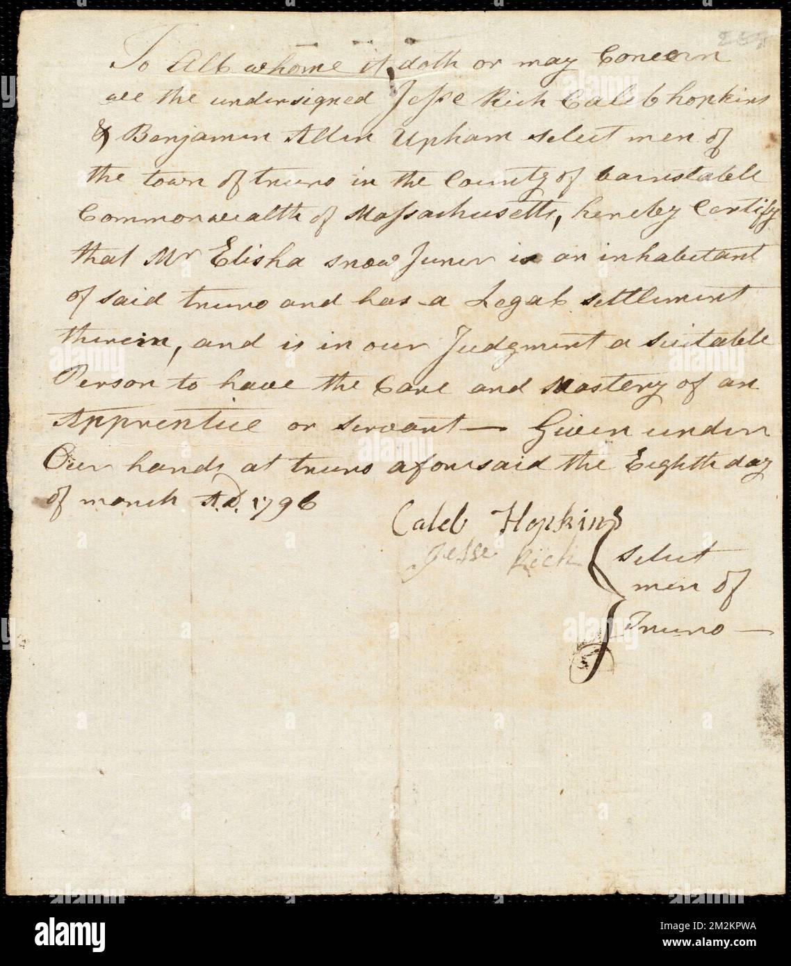 Document of indenture: Servant: Tuckerman, Bartholomew. Master: Hopkins ...