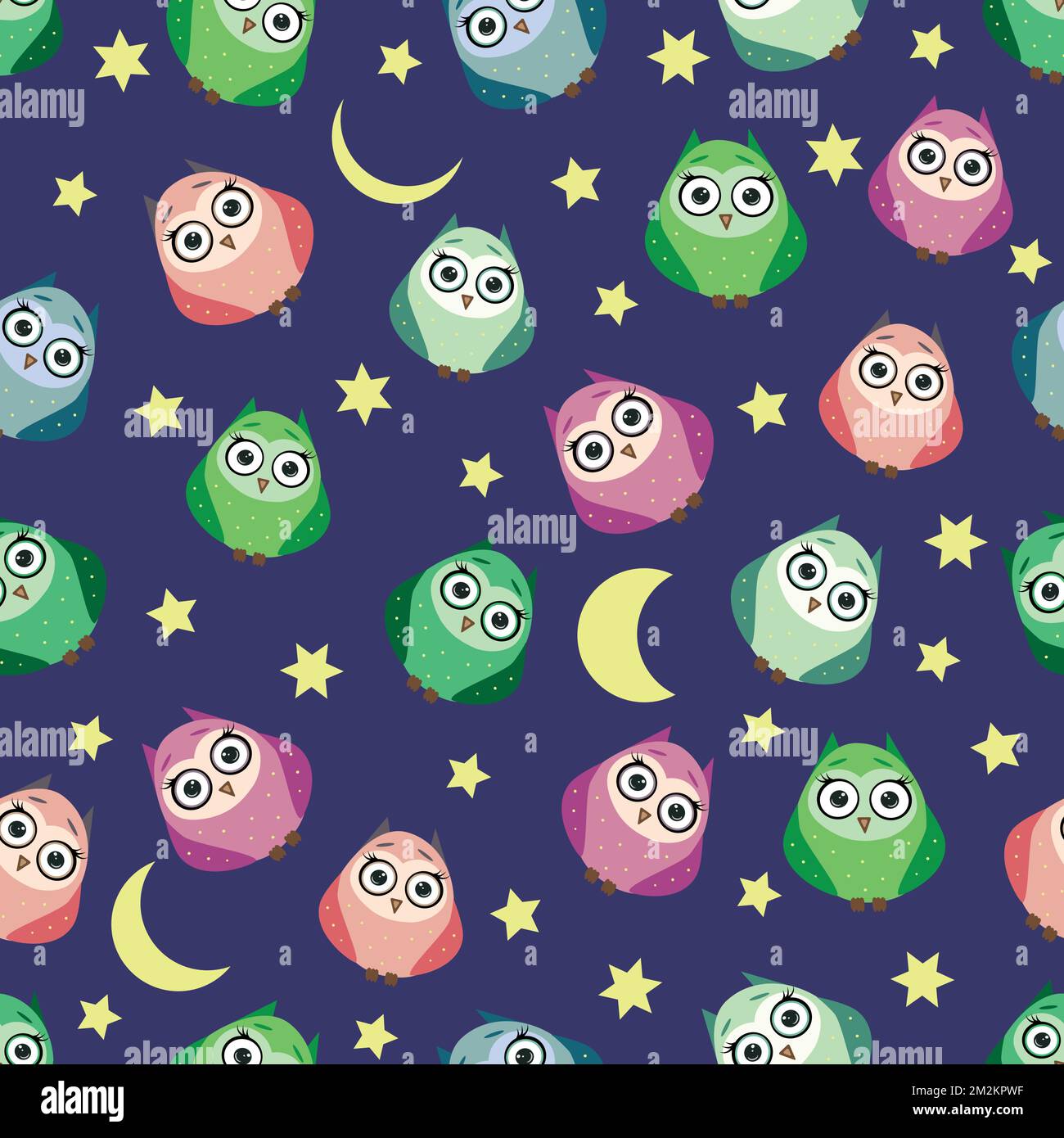 Cute multicolored owls at night with stars, clouds and moon. Seamless ...