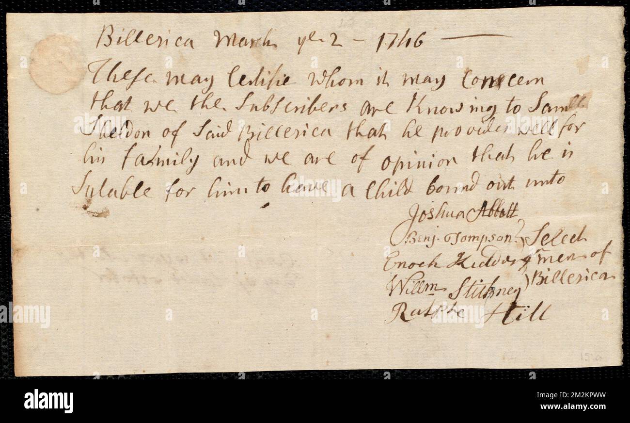 Document of indenture: Servant: Treet, James. Master: Sheldon, Samuel ...