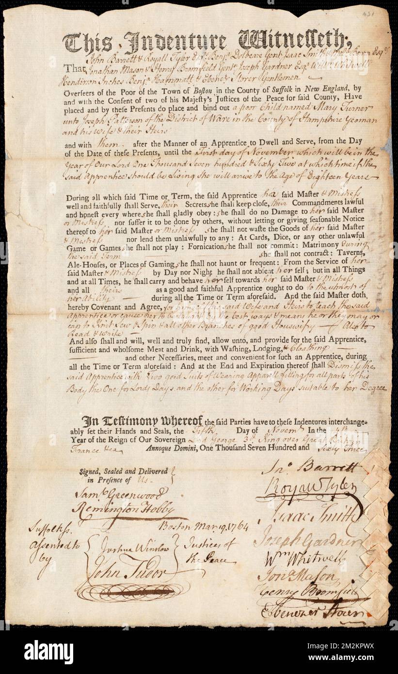 Document of indenture: Servant: Turner, Mary. Master: Patterson, Joseph ...