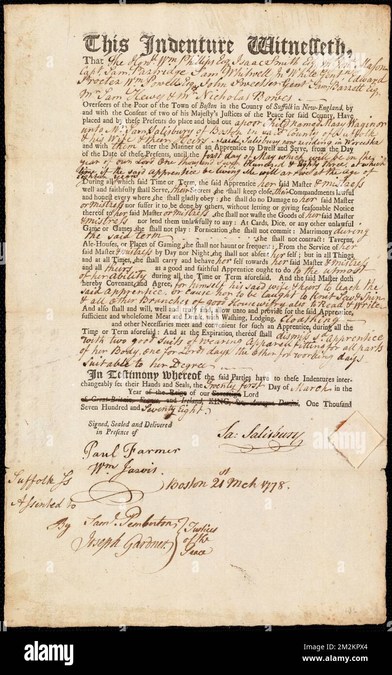 Document of indenture: Servant: Waginor, Mary. Master: Salisbury ...