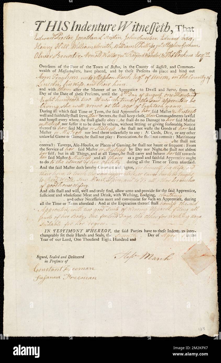 Document of indenture: Servant: Trayhorn, Ann. Master: March, Stephen ...