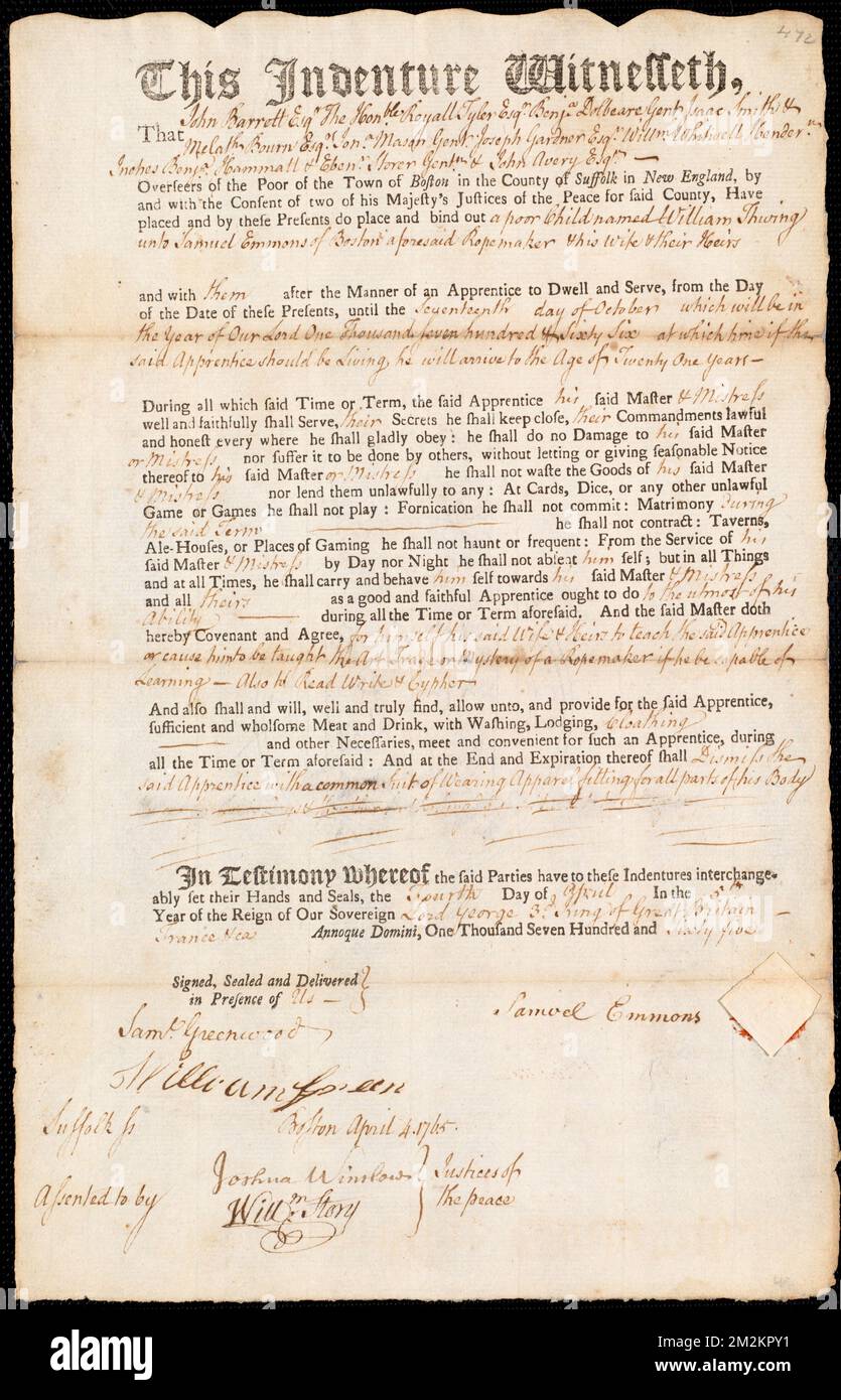 Document of indenture: Servant: Thwing, William. Master: Emmons, Samuel ...