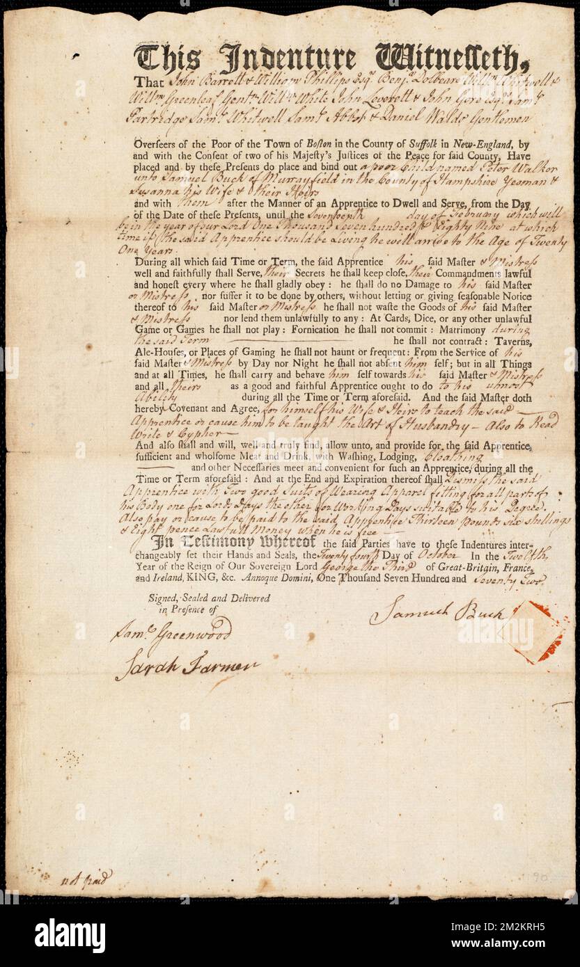 Document of indenture: Servant: Walker, Peter. Master: Buck, Samuel ...