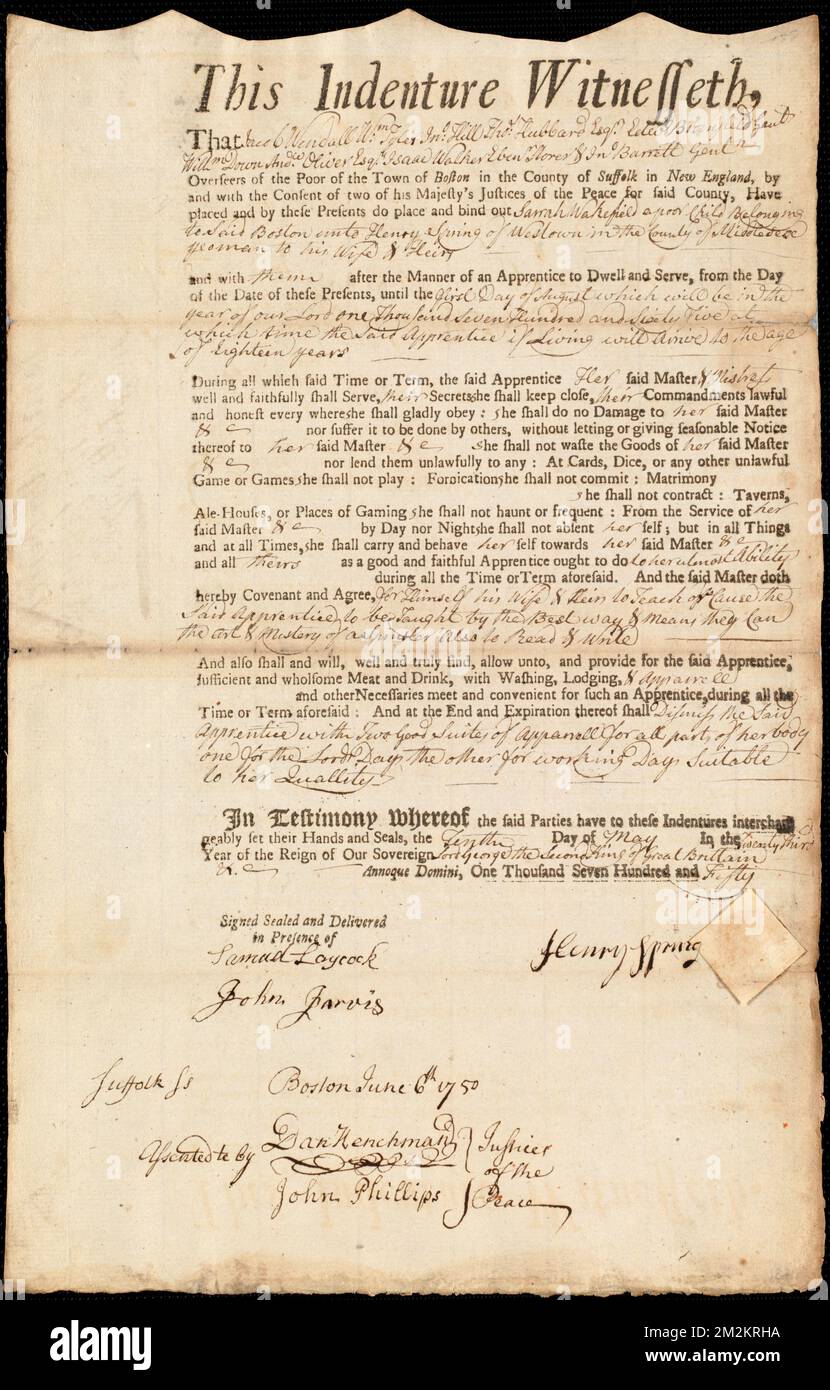 Document of indenture: Servant: Wakefield, Sarah. Master: Spring, Henry ...
