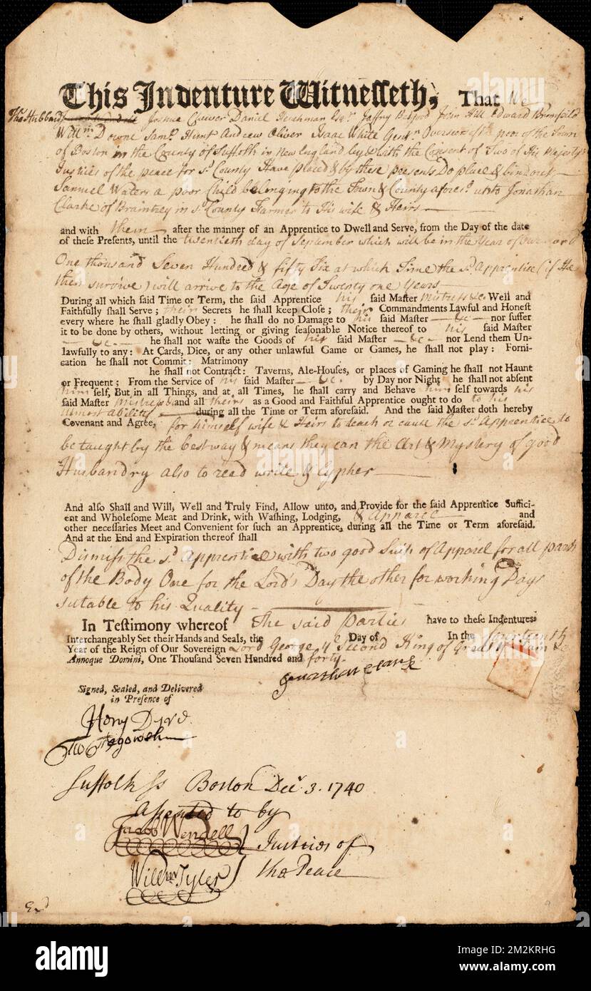 Document of indenture: Servant: Waters, Samuel. Master: Clark, Jonathan ...