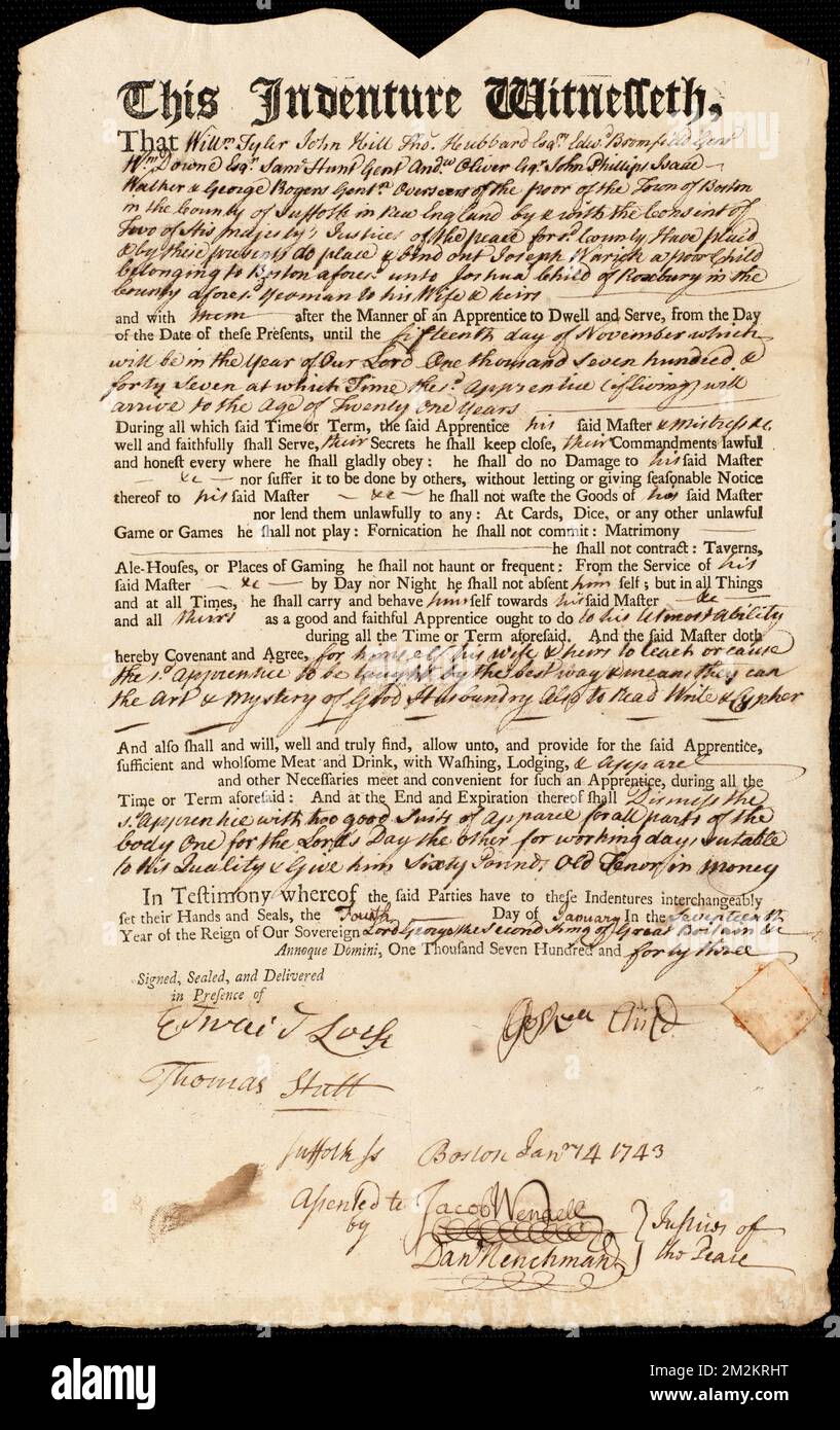 Document of indenture: Servant: Warwick, Joseph. Master: Child, Joshua ...
