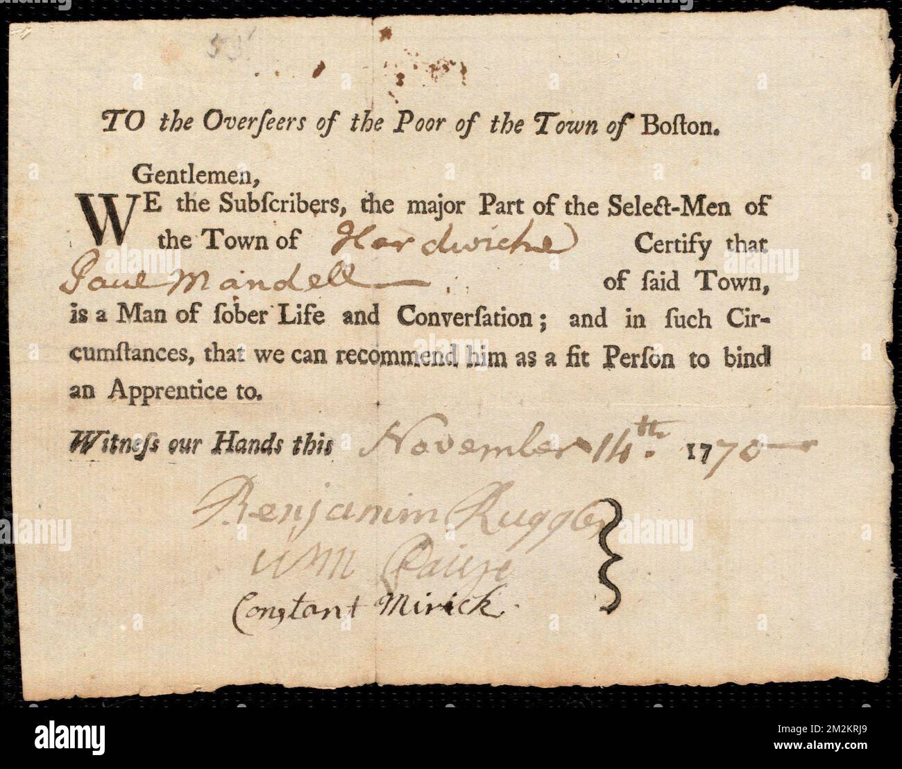 Document of indenture: Servant: Warren, William. Master: Mandell, Paul ...