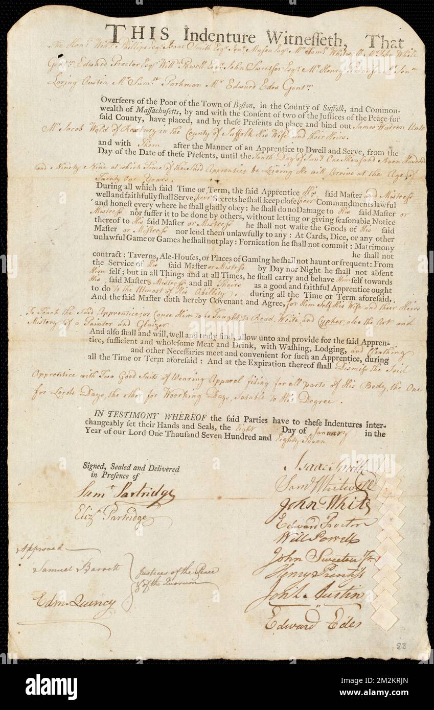 Document of indenture: Servant: Warren, James. Master: Weld, Jacob ...