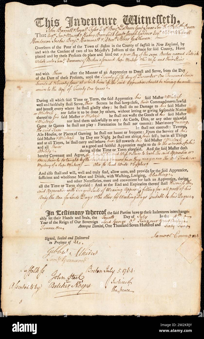 Document of indenture: Servant: Welch, Patrick. Master: Emmons, Samuel ...