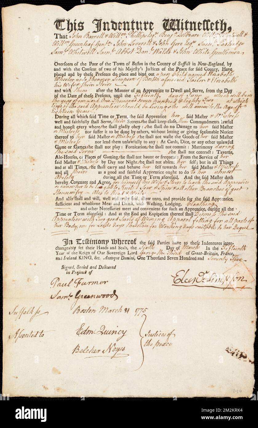 Document of indenture: Servant: Wheeler, Elizabeth. Master: Simpson ...