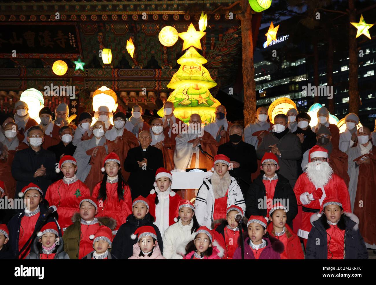 14th Dec, 2022. Christmas tree at Buddhist temple Buddhist monks ...