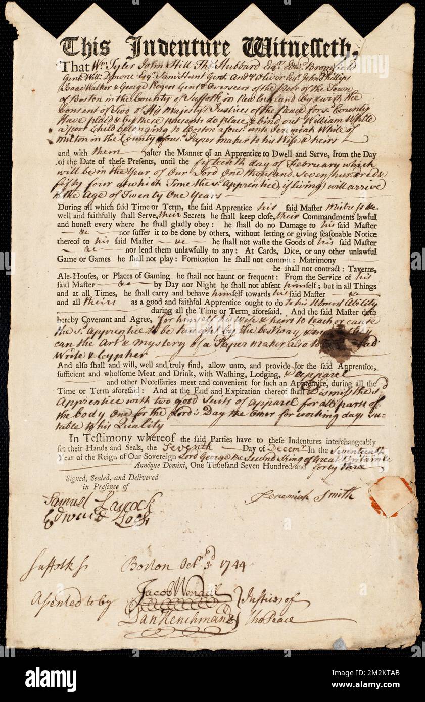 Document of indenture: Servant: White, William. Master: Smith, Jeremiah ...