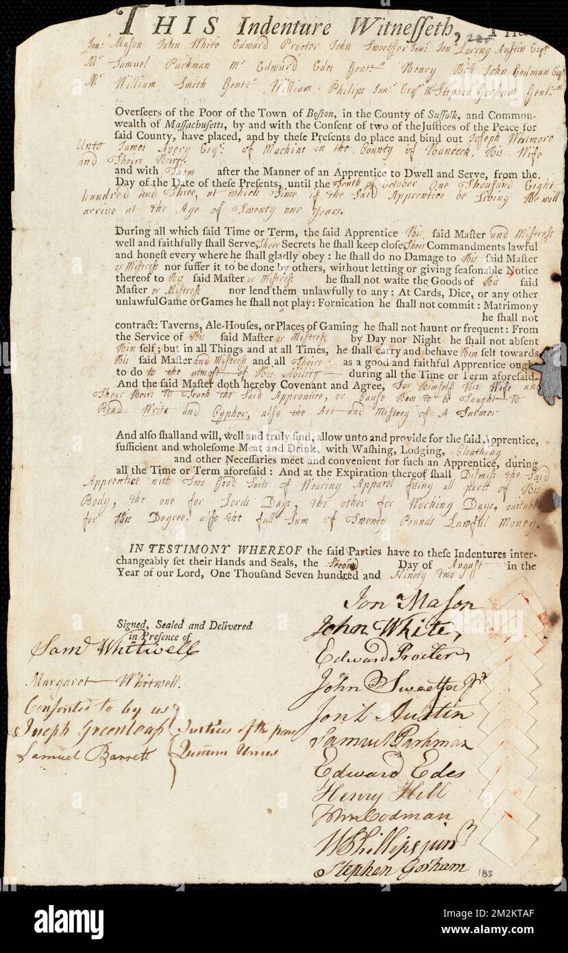 Document of indenture: Servant: Whitmore, Joseph. Master: Avery, James ...