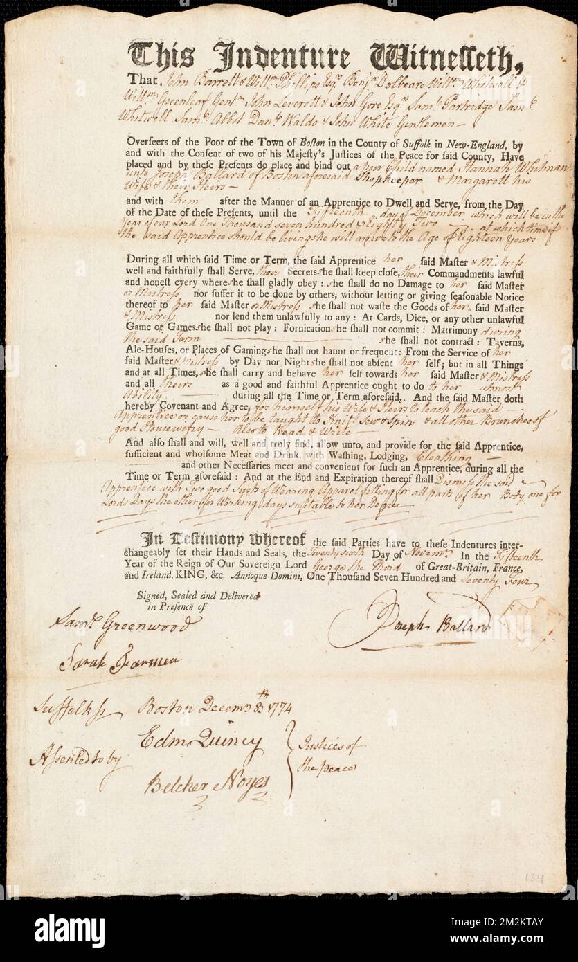 Document of indenture: Servant: Whitman, Hannah. Master: Ballard ...