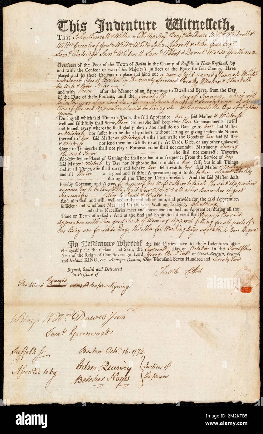 Document of indenture: Servant: White, Hannah. Master: Edes, Jacob ...