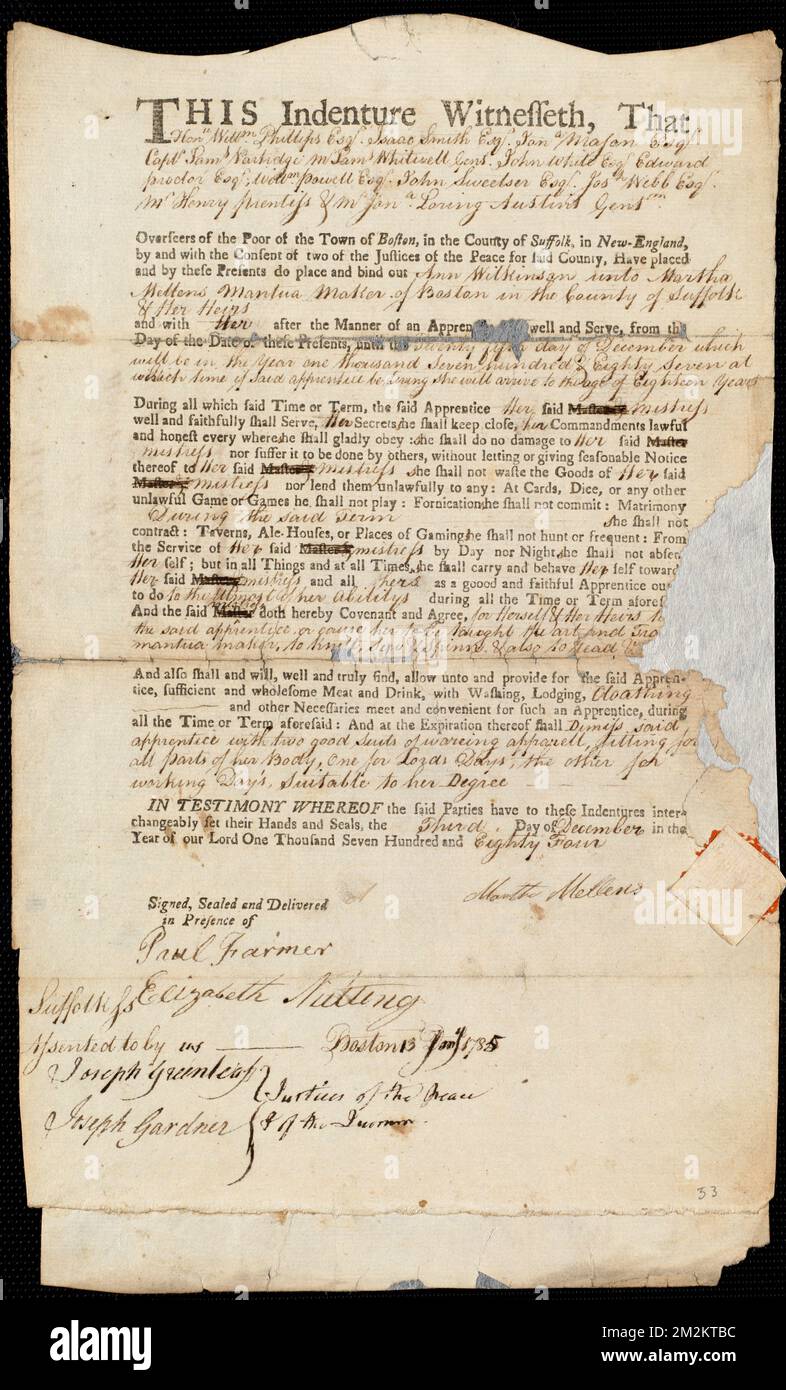 Document of indenture: Servant: Wilkinson, Ann. Master: Mellen, Martha ...