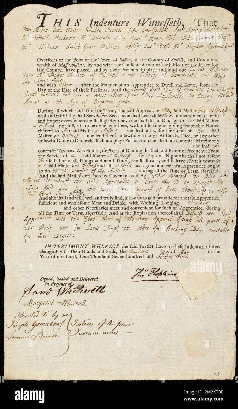 Document of indenture: Servant: Williams, Charlotte. Master: Hopkins ...