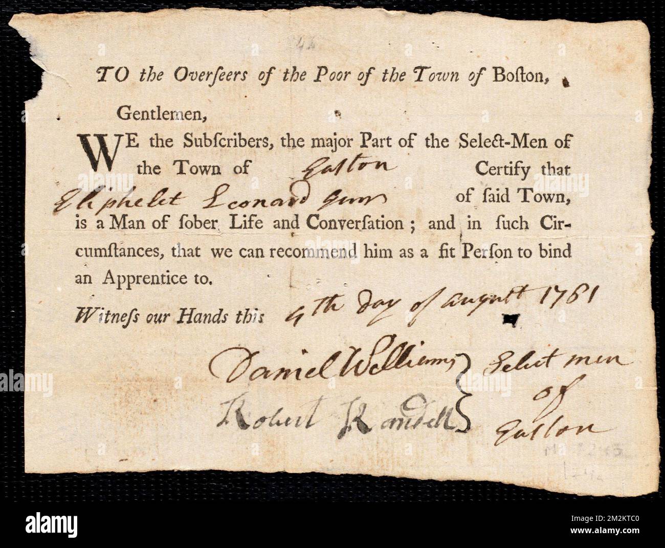 Document of indenture: Servant: Wise, Ann. Master: Leonard, Eliphalet ...