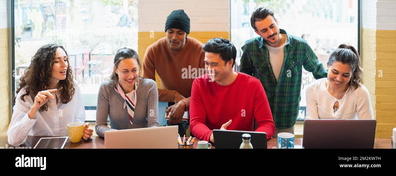 Horizontal banner or header multiracial group of young people working ...