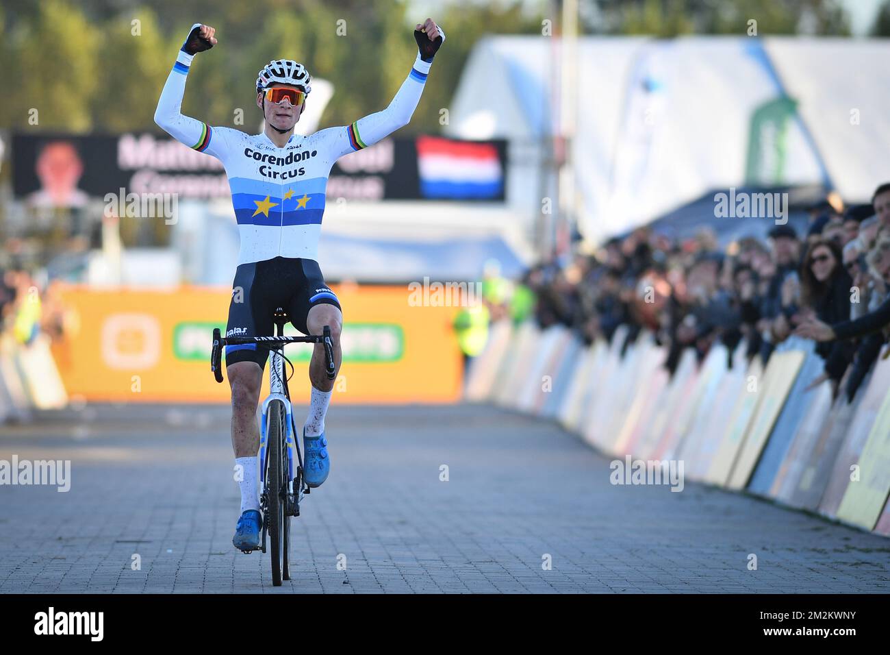 Dutch Mathieu Van Der Poel celebrates as he crosses the finish line to ...