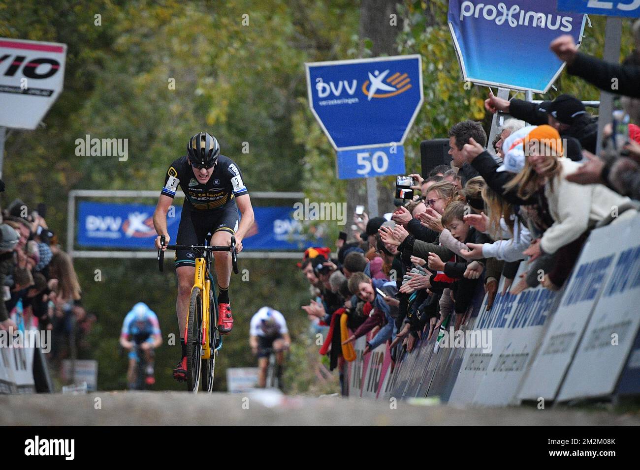 Belgian Toon Aerts celebrates as he crosses the finish line to win the ...