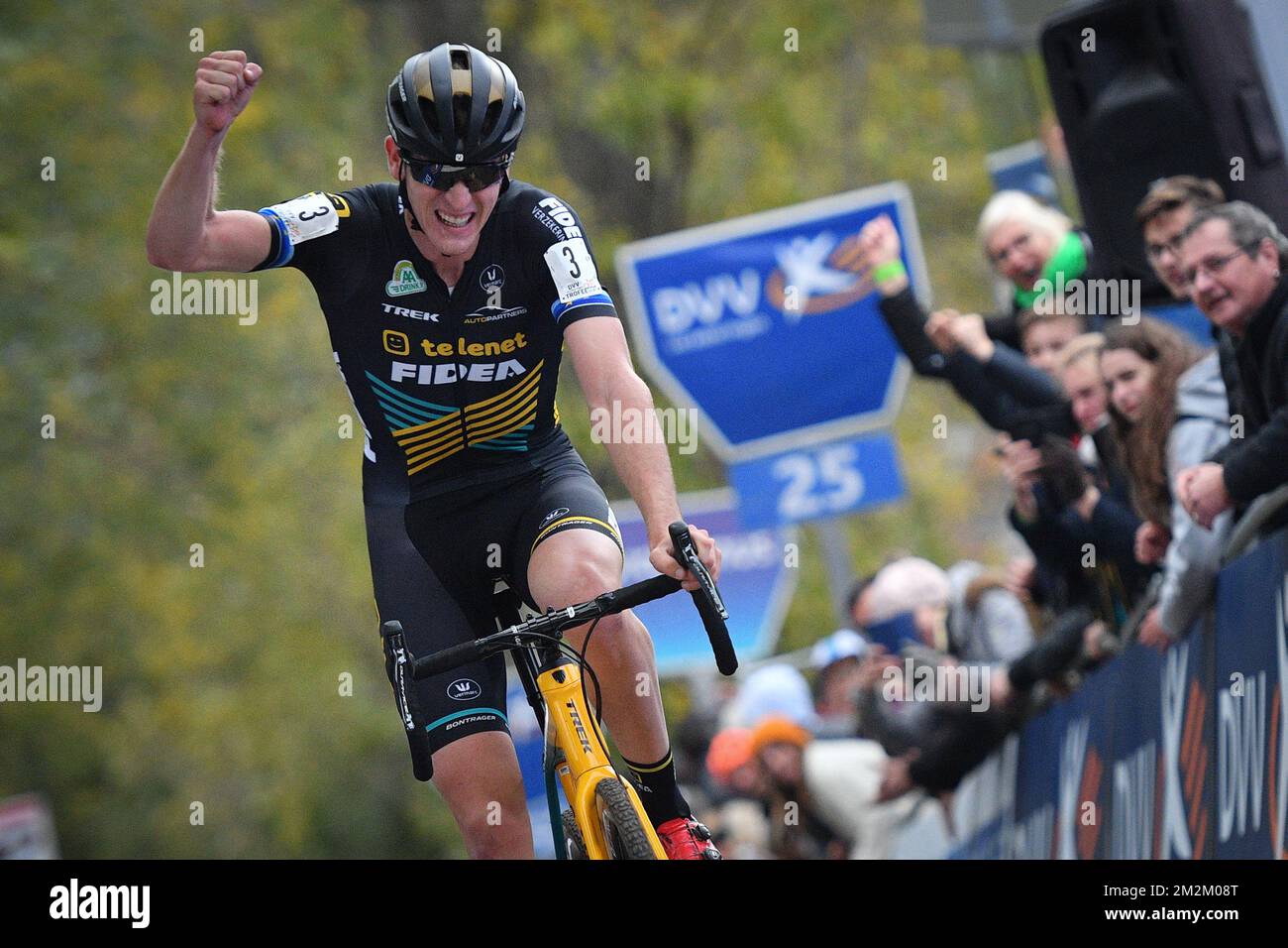Belgian Toon Aerts celebrates as he crosses the finish line to win the ...