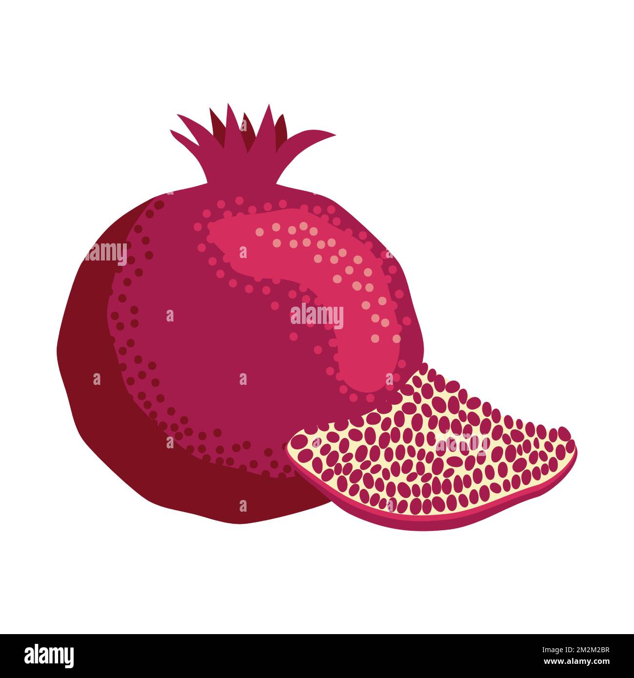 Pomegranate whole and pieces, cut with seeds. Stylized juicy fruit ...