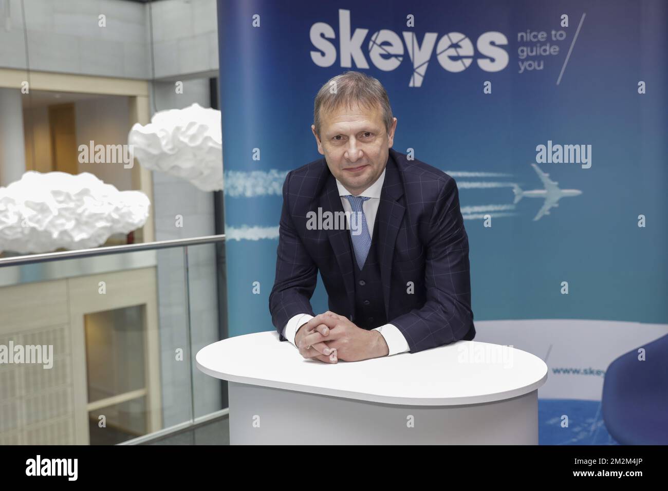 Belgocontrol CEO Johan Decuyper poses with the 'skeyes' logo, the new ...