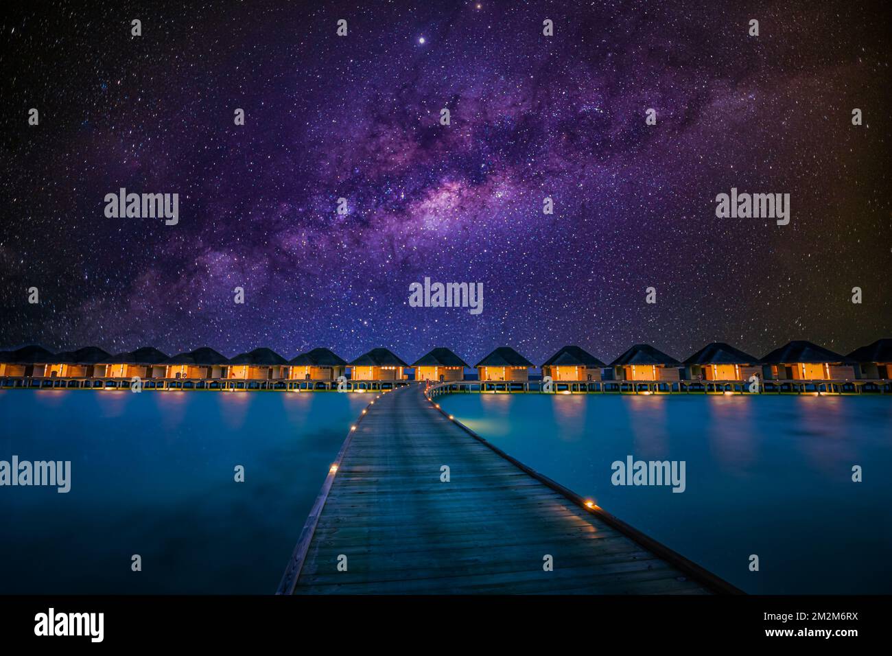 Night time long exposure landscape, over water villas in Maldives ...