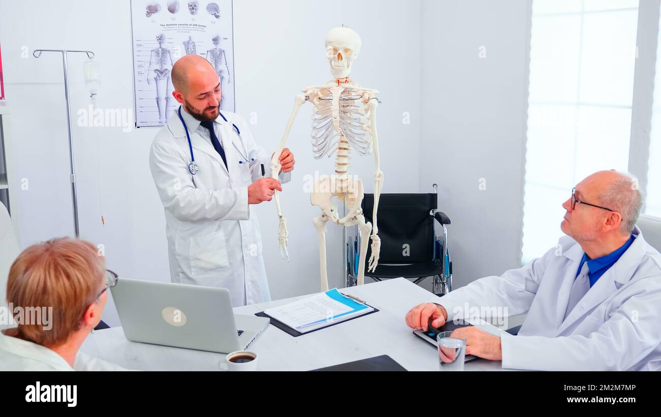 Expert doctor in radiology pointing at human skeleton during ...