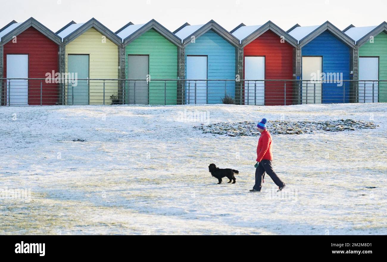 A man walks his dog near the beach huts on Blyth beach, Northumberland ...