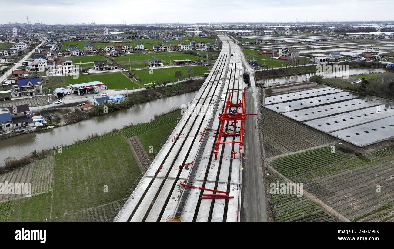 Aerial photo shows the constructors working on the Qiekanhe Bridge of ...