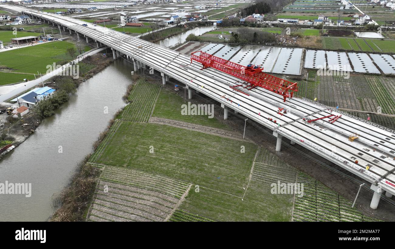 Aerial photo shows the constructors working on the Qiekanhe Bridge of ...
