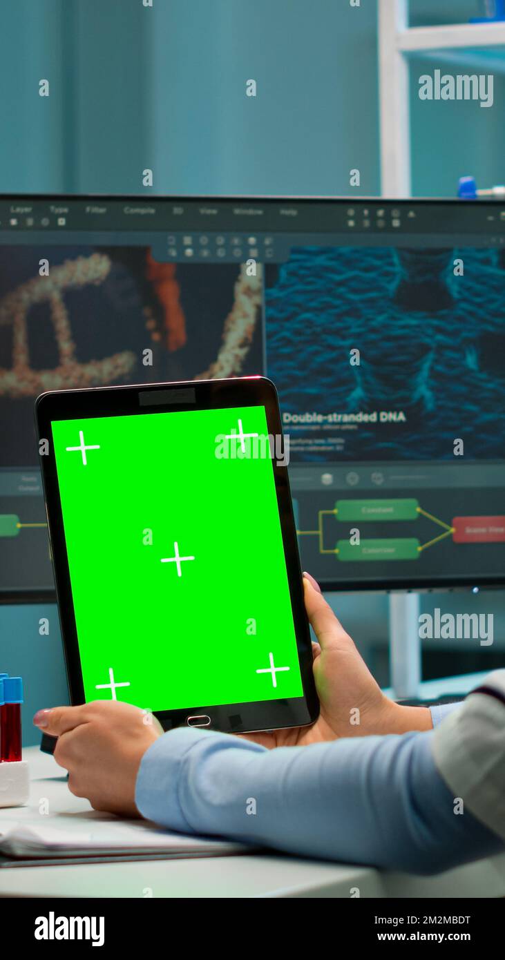 Medical research laboratory portrait of female scientist holding tablet ...