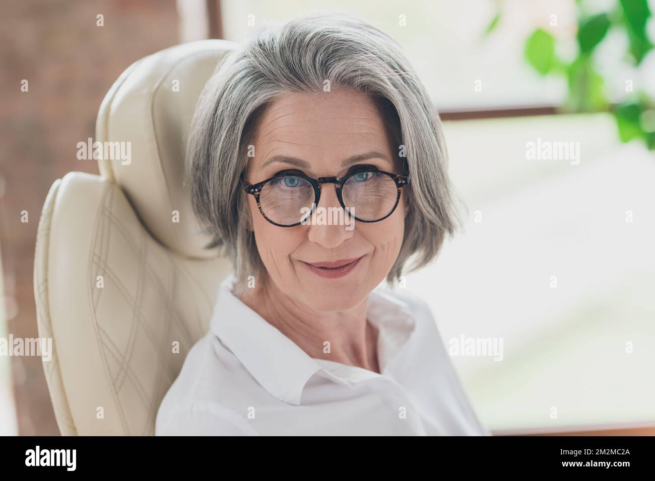 Photo of charming shiny lady teacher wear spectacles white shirt ...