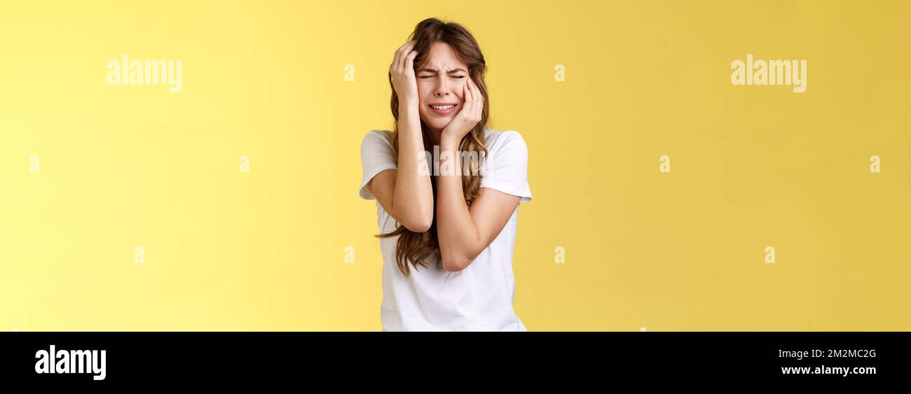 Offended silly timid insecure girl crying feel scared insulted close ...