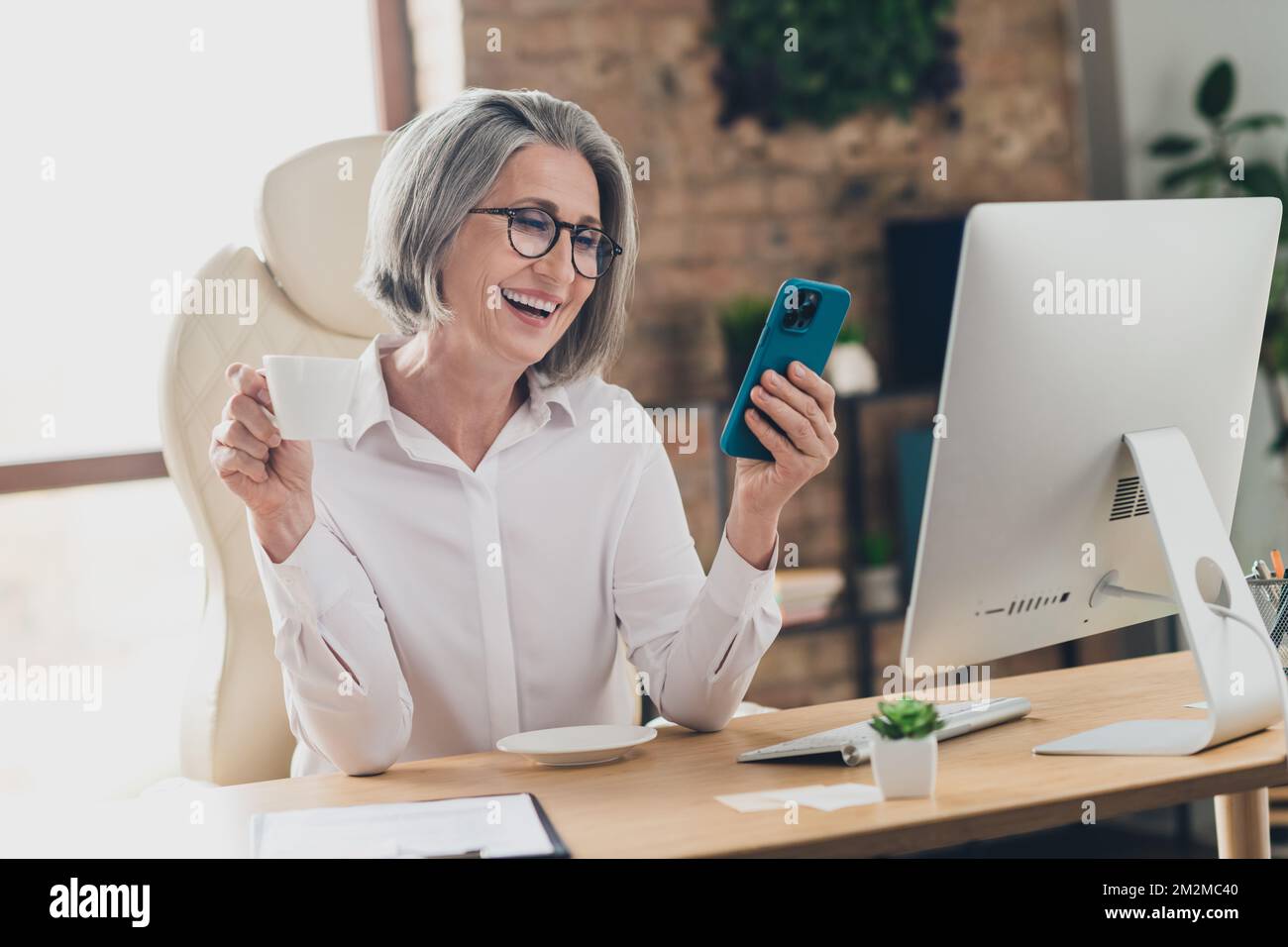 Photo of happy excited lady coach wear white shirt eyeglasses enjoying ...