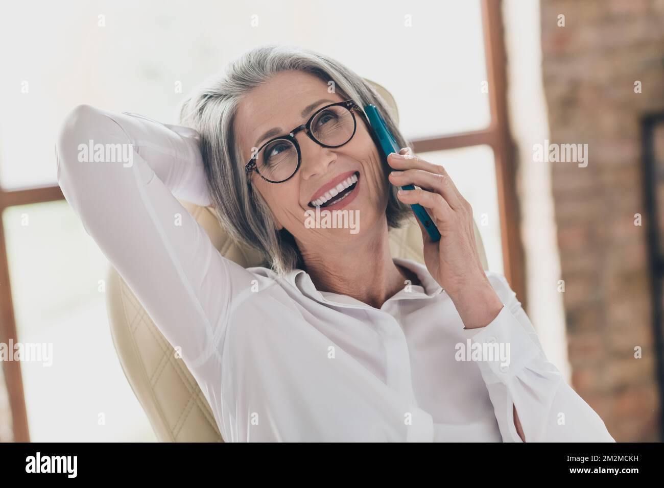 Photo of cheerful happy lady advisor dressed white shirt smiling ...