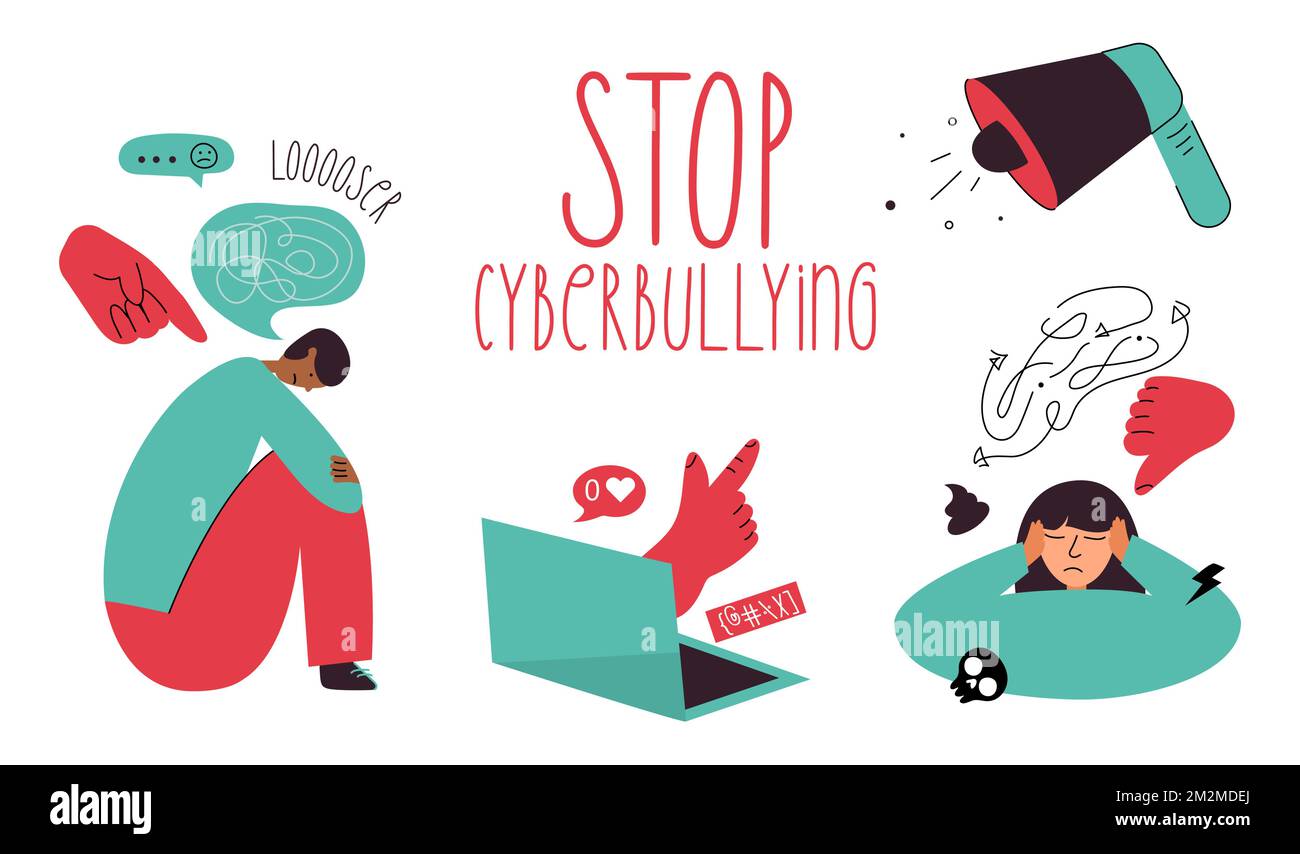 Vector illustration set personages and elements STOP cyberbullying ...